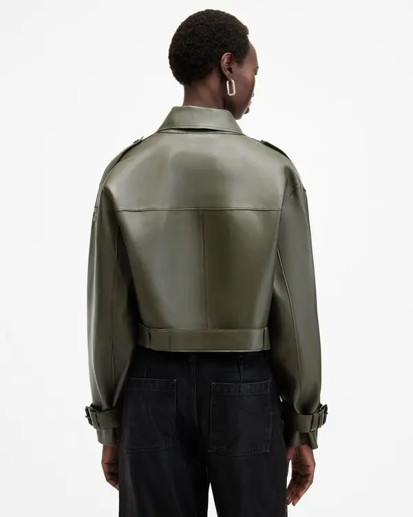Allsaints Ophelia Cropped Bonded Leather Jacket In Khaki Green